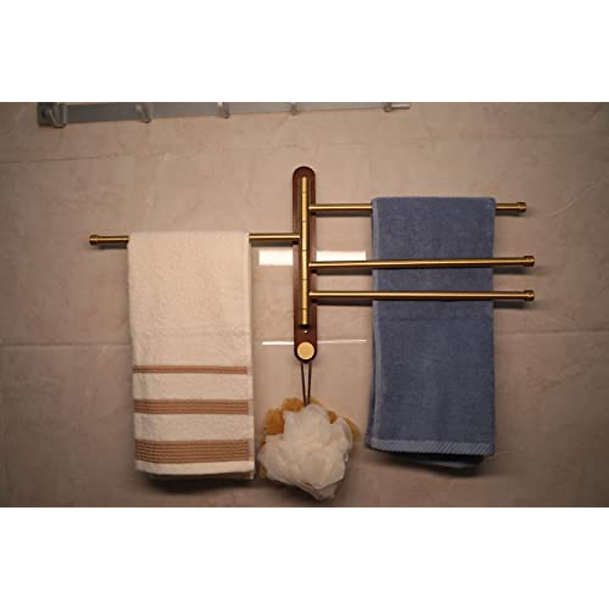 Wall Mounted Towel Racks for Bathroom, Swivel Wall Mounted Towel Bar with Hooks, Space-Aluminum Gold Towel Rack Wall Mounted for Bathroom / Kitchen (4 Arms)