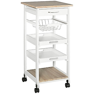 HOMCOM Mobile Kitchen Cart, Rolling Kitchen Island with Storage, Solid Wood Frame Utility Cart with Wire Fruit Baskets, Trays and Drawer, White