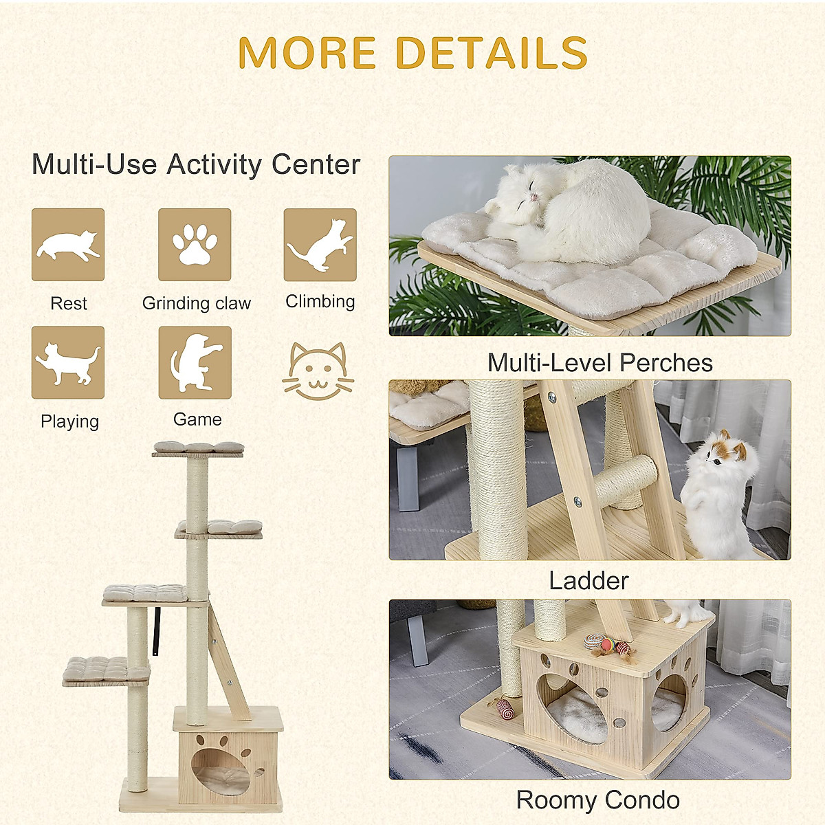 PawHut Multi-Level Cat Tree Condo Tower with Sisal-Covered Scratching Post, Activities for Kittens & Soft Cushion Luxury