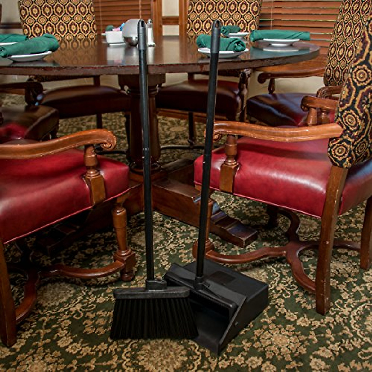 Carlisle FoodService Products Duo-Pan Upright Dust Pan and Broom Broom Set with Clip for Floor Cleaning, Restaurants, Office, And Janitorial Use, Plastic, 36 Inches, Black