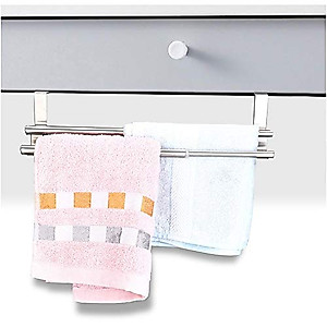 Hztyyier Towel Bar Stainless Steel Double Layers Telescopic Towel Holder Rack for Hanging on Cabinet and Drawers, Thickness Less Than 0.79 Inch