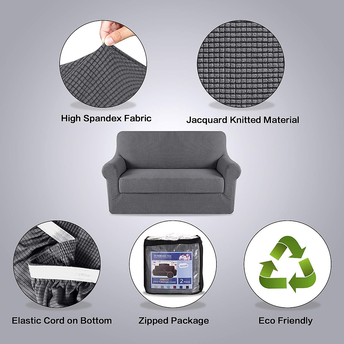 H.VERSAILTEX High Stretch Rich Jacquard 2-Piece Loveseat Slipcover/Furniture Covers for Loveseat with Elastic Bottom, Suit for T Cushion/Box Cushion Spandex Jacquard Fabric, Charcoal Gray