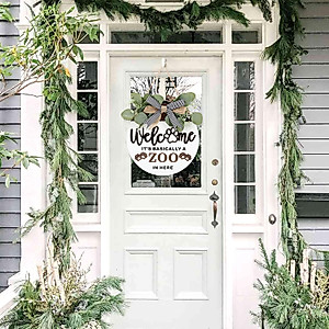 TOARTi 3D Rustic Humorous Front Door Welcome Sign, It's Basically A Zoo In Here, Funny Pet Lover Home Porch Wall Decor, 11.8''x11.8'' Wooden Sign with Black Letters & Bow-knot Wreath