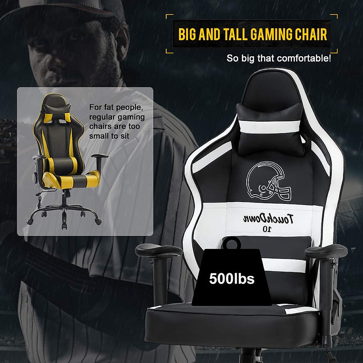 PC Gaming Chair Big and Tall Office Chair, 500LBS Wide Seat Desk Chair with Lumbar Support Headrest 2D Arms Task Swivel Ergonomic PU Adjustable Massage Bed, Adjustable Best Home Office Chair - Black