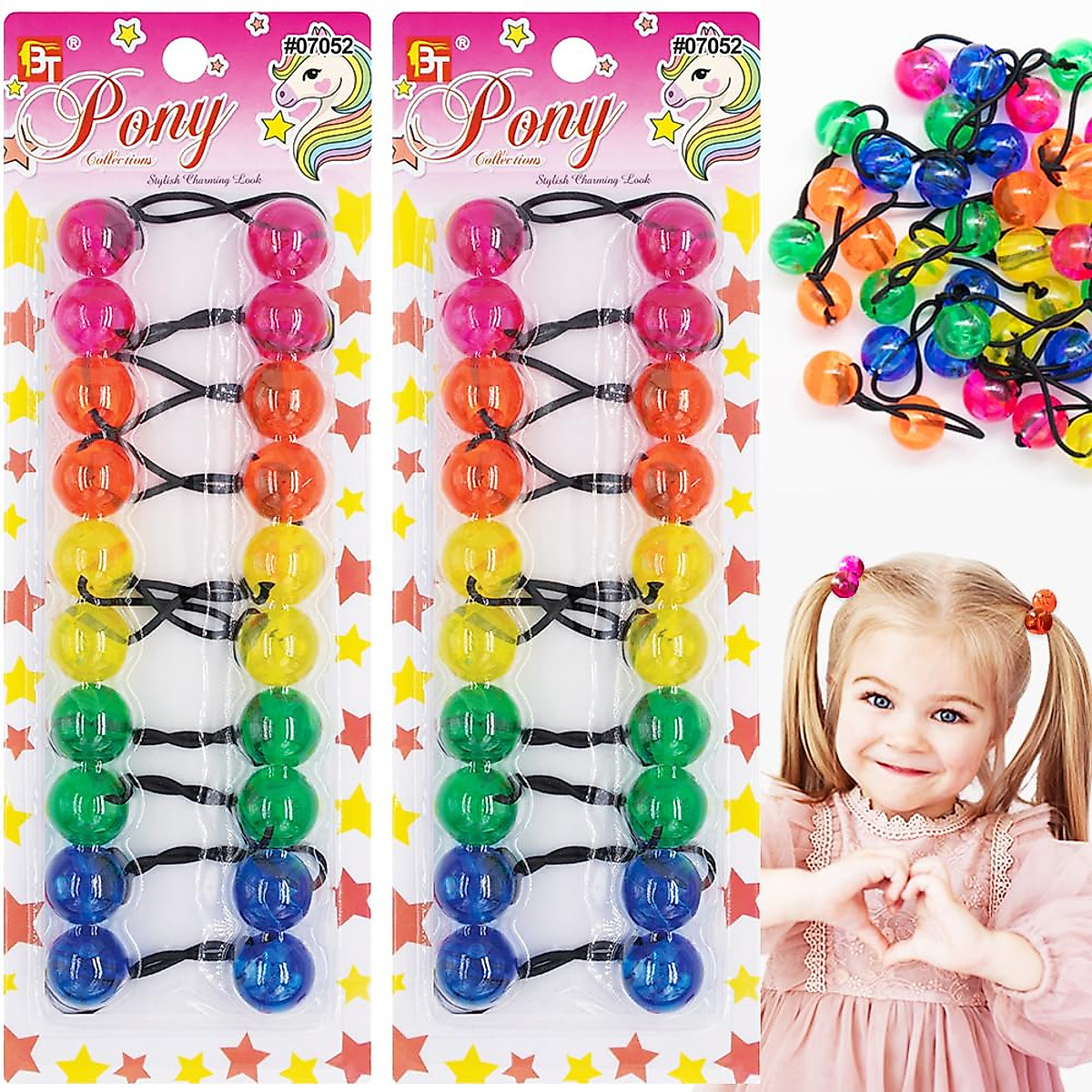 Beauty Town 20-Pcs 20mm Hair Ties with Balls for Young Girls Twin Bead Bubble Pony Knockers Hair Ballies for Females (Clear Magenta/Orange/Yellow/Sea Green/Navy)