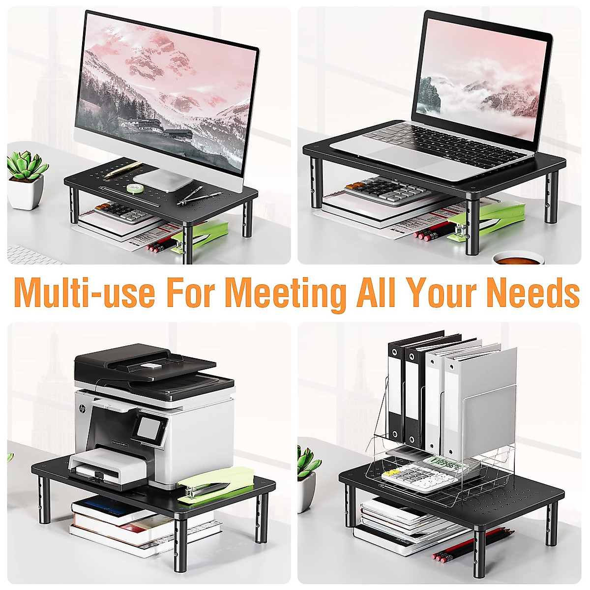 ELIVED 2 Pack Monitor Stand Riser - 3 Height Adjustable Monitor Stand for Laptop, Computer, PC, Printer, Mesh Metal Monitor Riser for Desktop Organizer.