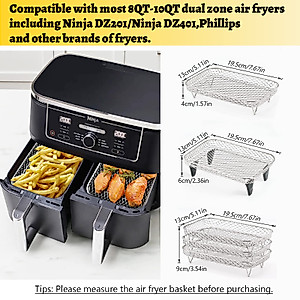 Air Fryer Rack for Ninja Dual Air Fryer Kannino 3pcs Layered Dehydrator Racks Stainless Steel Grilling Rack Rectangle Air Fryer Basket Tray with Clip and Heighten Feet Pad for Double Basket Air Fryers