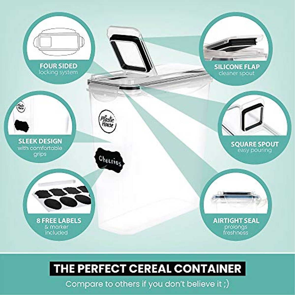 PLASTIC HOUSE Large Cereal Containers Storage Set Dispenser Approx. 4L FITS FULL STANDARD SIZE CEREAL BOX, Airtight Cereal Container Set For Maximum Freshness, BPA-FREE Large Cereal Storage Container