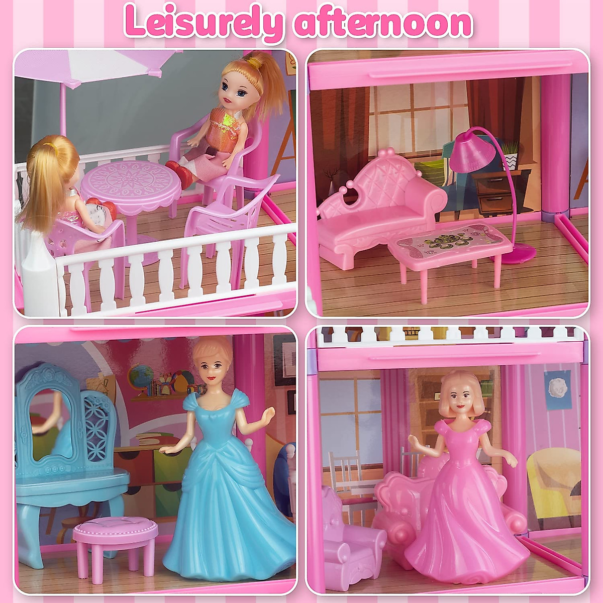 292-Piece Pink Princess Castle Dollhouse Playset with Dolls, Furniture & Accessories - For 3-10 Year Old Girls