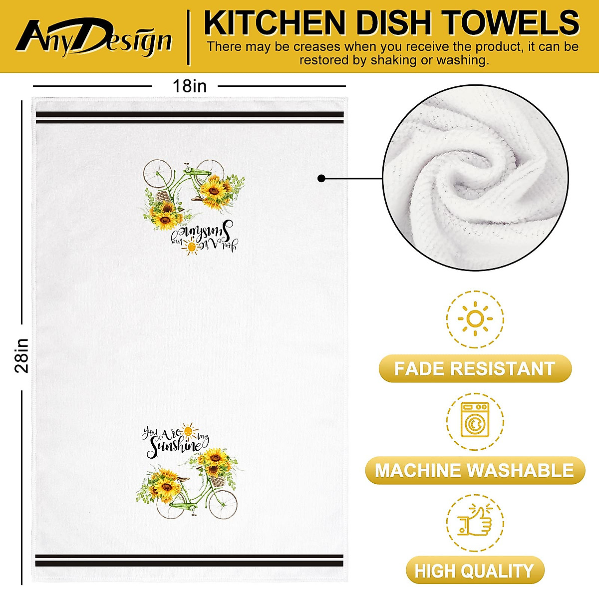 AnyDesign Sunflower Kitchen Dish Towel 18 x 28 Inch Seasonal Watercolor Flower Bicycle Cloth Tea Towel White Black Stripes Spring Summer Farmhouse Decorative Hand Towel for Kitchen Home Cooking, 2Pcs