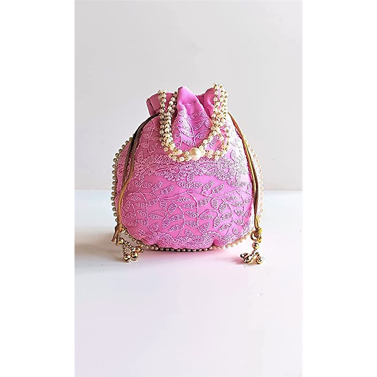 Ethnic Indian Potli Bag For Woman Chikankari Work Embroidered Potli Bag Handbag Elegant Organizer Clutch With Handle Wedding & Evening Party Purse BY PANACHE MERCHANT (Pack Of 5)