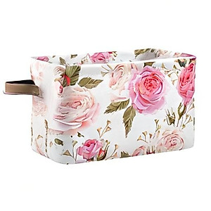 susiyo Large Foldable Storage Bin Floral Pink Roses Fabric Storage Baskets Collapsible Decorative Baskets Organizing Basket Bin with PU Handles for Shelves Home Closet Bedroom Living Room-1Pack