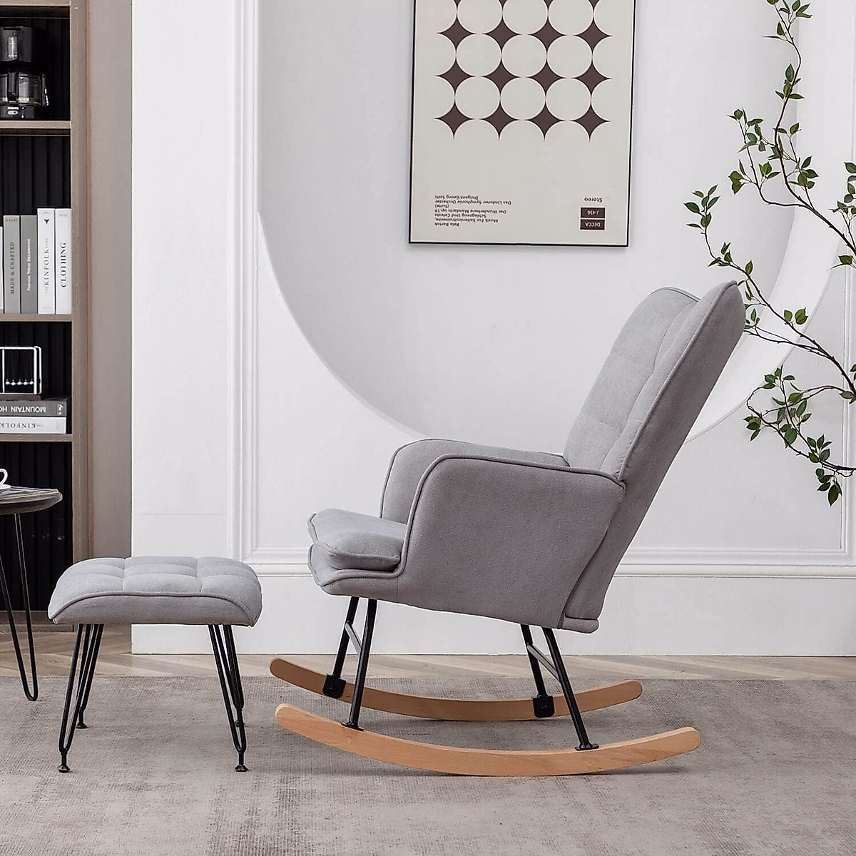 HOMMOW Nursery Rocking Chair with Ottoman, Comfortable Fabric Rocker Glider Chair with High Backrest,Grey Armchair Comfy Side Chair for Nursery Bedroom Living Room