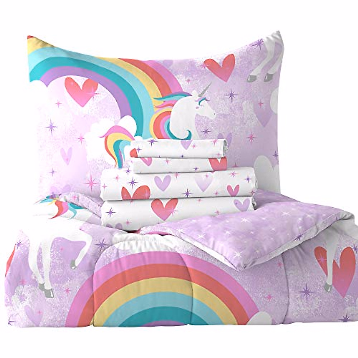 dream FACTORY Kids 5-Piece Complete Set Easy-Wash Super Soft Microfiber Comforter Bedding, Twin, Purple Unicorn Rainbow