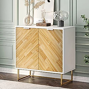 Accent Cabinet with 2 Doors, White Buffet Sideboard Cabinet with Gold Metal Base, Kitchen Accent Storage Cabinet Console Table with Adjustable Shelf, Boho Cabinet Credenzas for Living Room