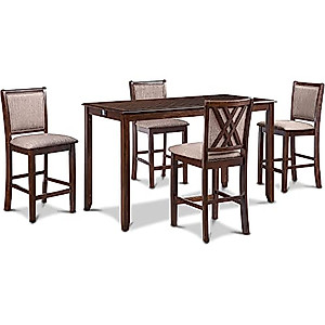 New Classic Furniture Amy Kitchen Counter Island Dining Table for 4 with Storage Shelf & USB Chargers, Traditional Brown Cherry