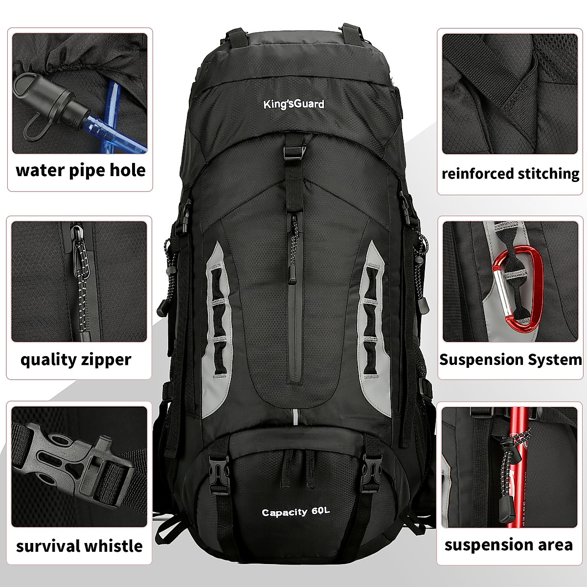 King'sGuard 60L Hiking Backpack Men Women Camping Backpack Waterproof Backpacking Mountaineering Climbing Daypack with Rain Cover (Black)