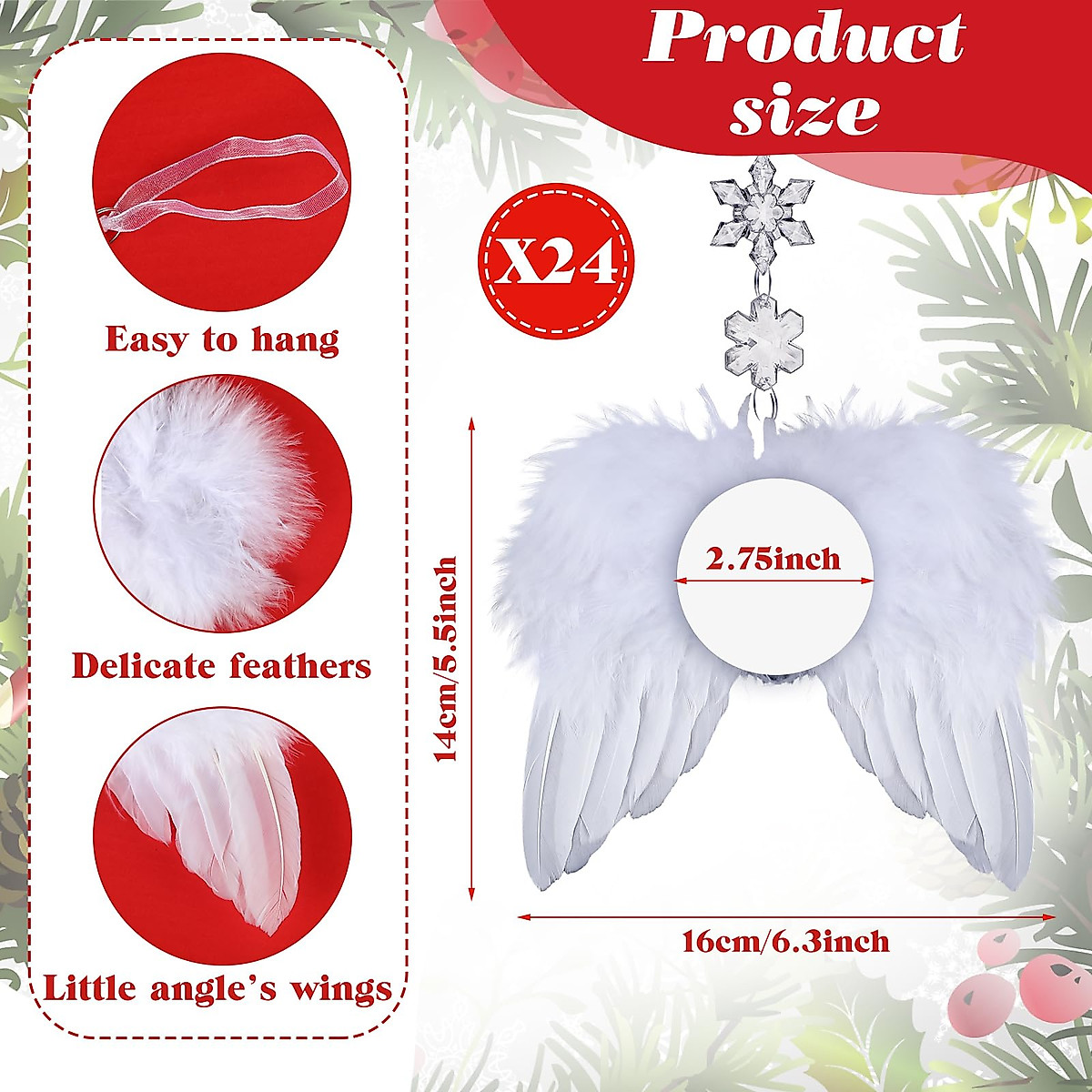 Huwena Christmas White Angel Wings Ornament Angel Feather Wings with Round Sublimation Blank Pendants Hanging Acrylic Snowflake Crystal Ornaments for Christmas Tree DIY Crafts Party Decor (72 Pcs)