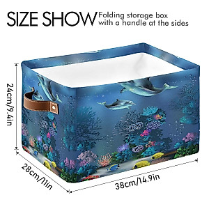Storage Basket Ocean Sea Dolphin Fish Storage Bin with Handle Foldable Rectangle Fabric Organizer Basket for Home Bedroom Nursery Closet, 2 Pack