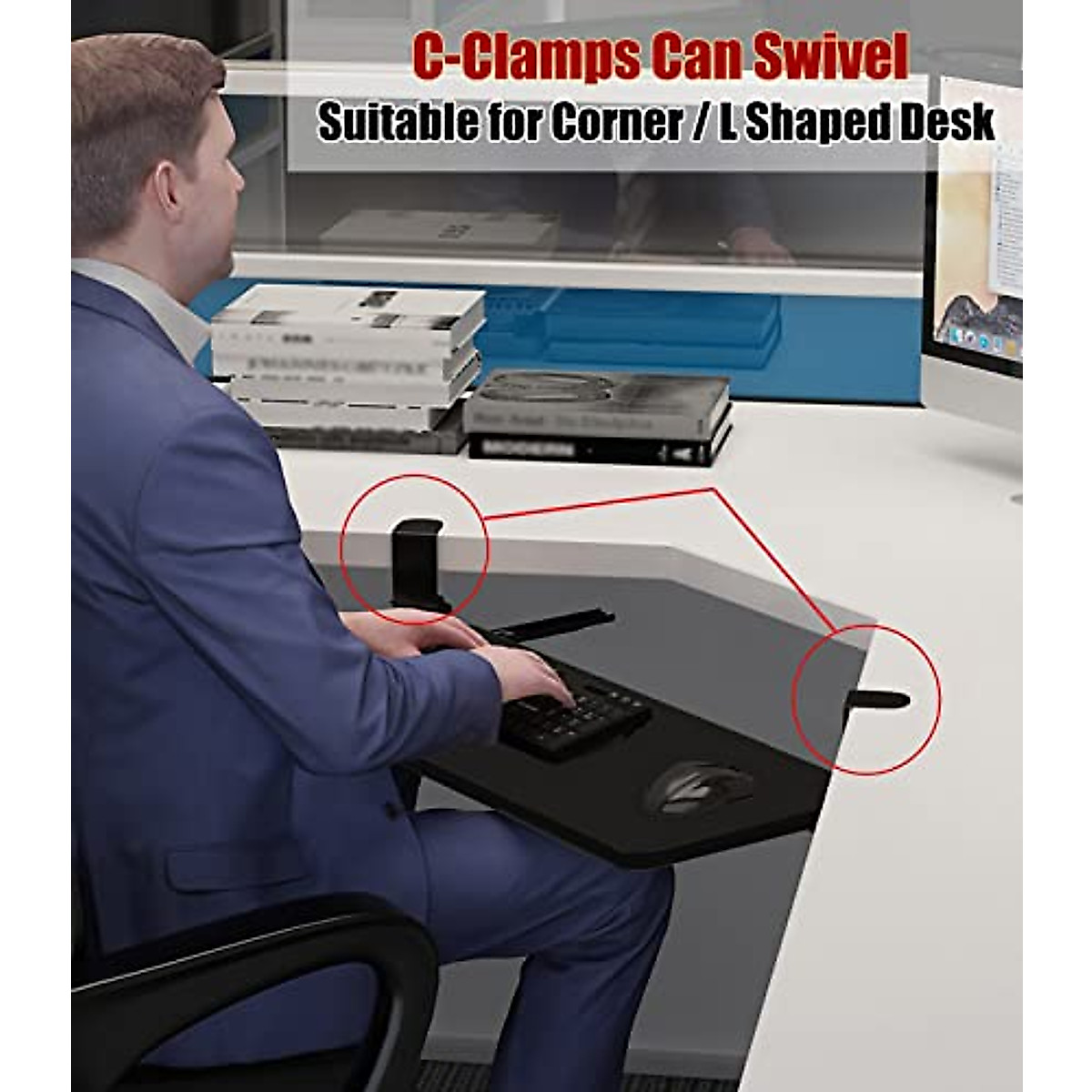 Under Desk Keyboard Tray for Corner L Shaped Desk, Clamp On Keyboard Drawer Slide Out, Ergonomic Desk Extender with Swivel Clips NO Need to Dill Holes, Black