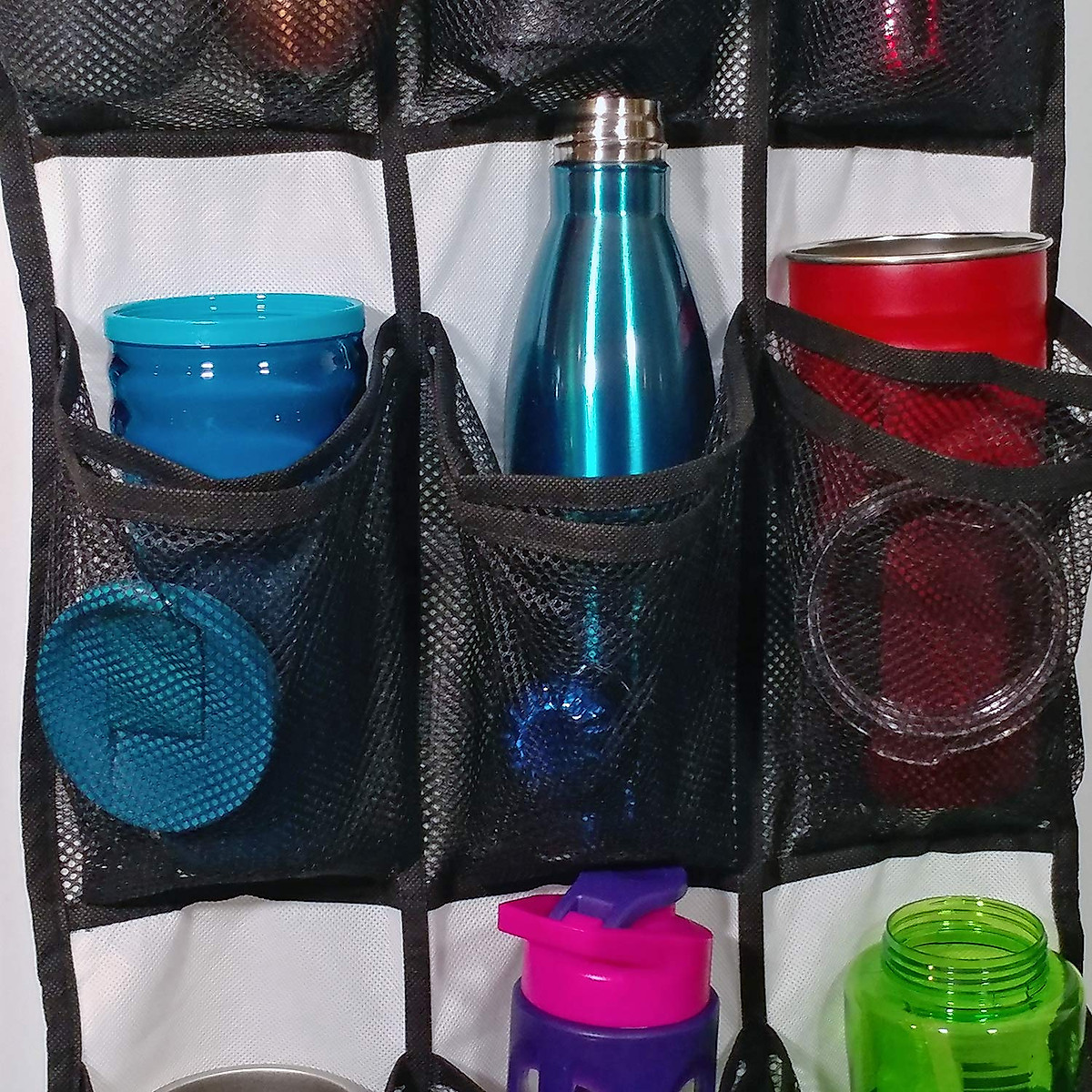 Davison Over The Door Water Bottle, Travel Mug or Tumbler and Lid Organizer. Dual Mesh Pockets Hold 12 Matching To Go Coffee Cups and Covers Together. Never Lose Drink Caps Save Time and Storage Space