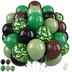Paready Camo Balloons, 50 Pcs Green and Brown Balloons, Camouflage Army Balloon, 12 Inch Dark Sage Green Black Balloons Latex for Birthday Baby Shower Camping Woodland Hunting Jungle Party Decorations