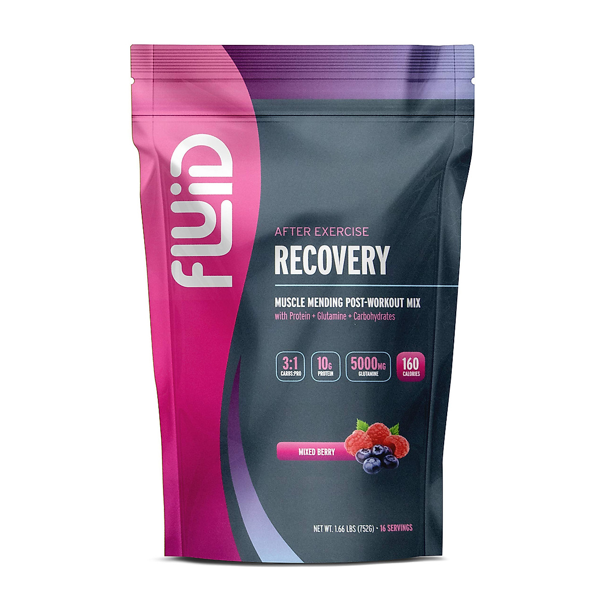 Fluid Recovery Post-Workout Drink Mix - Whey Isolate Protein, L-Glutamine, Carbs, All Natural Ingredients, Gluten-Free, Lactose-Free (Mixed Berry)