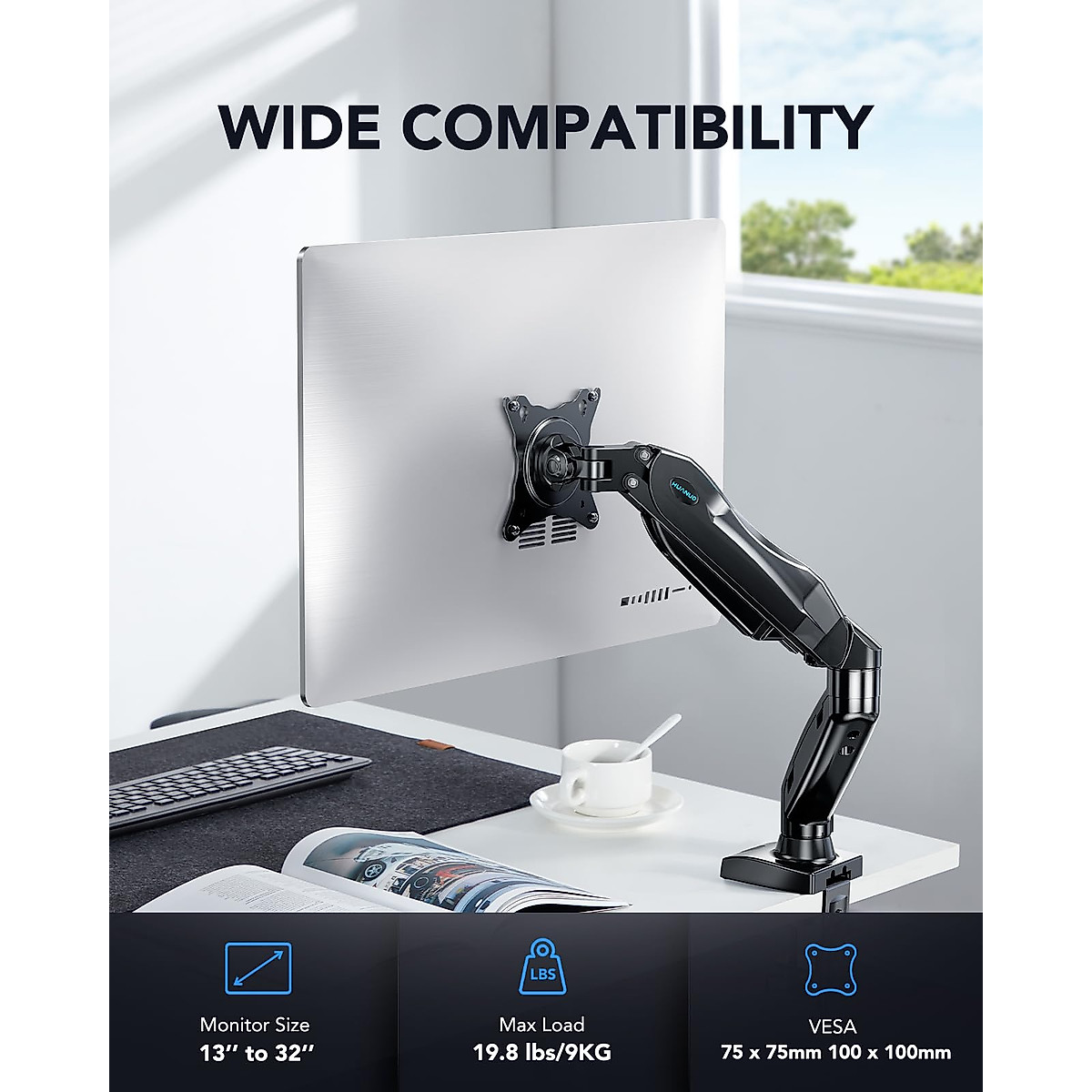 HUANUO Single Monitor Mount, 13 to 32 Inch Gas Spring Monitor Arm, Adjustable Stand, Vesa Mount with Clamp and Grommet Base - Fits 4.4 to 19.8lbs LCD Computer Monitors