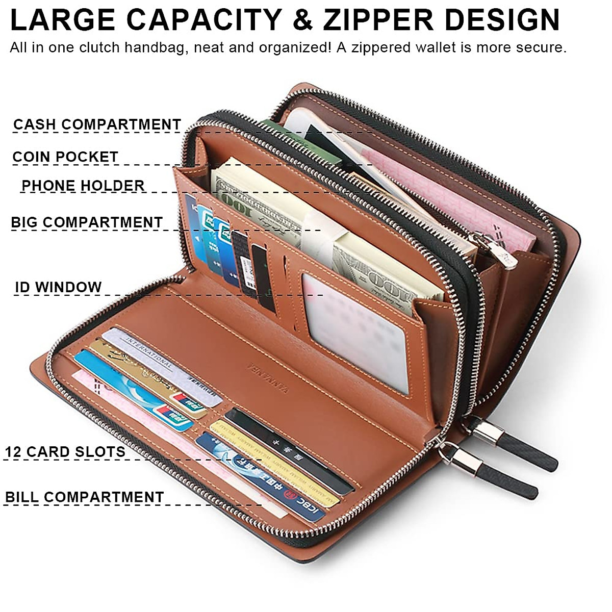 VANNANBA Clutch Purses Wristlet Wallets Large Leather Designer Double Zipper Long Hangbags Business Travel Clutch Phone Holder,Gift for Mens Father Son Husband Boyfriend(Blue)