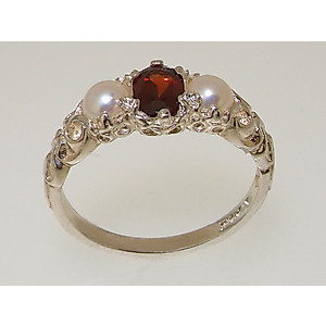 LetsBuyGold 925 Sterling Silver Real Genuine Garnet & Cultured Pearl Womens Band Ring - Size 12