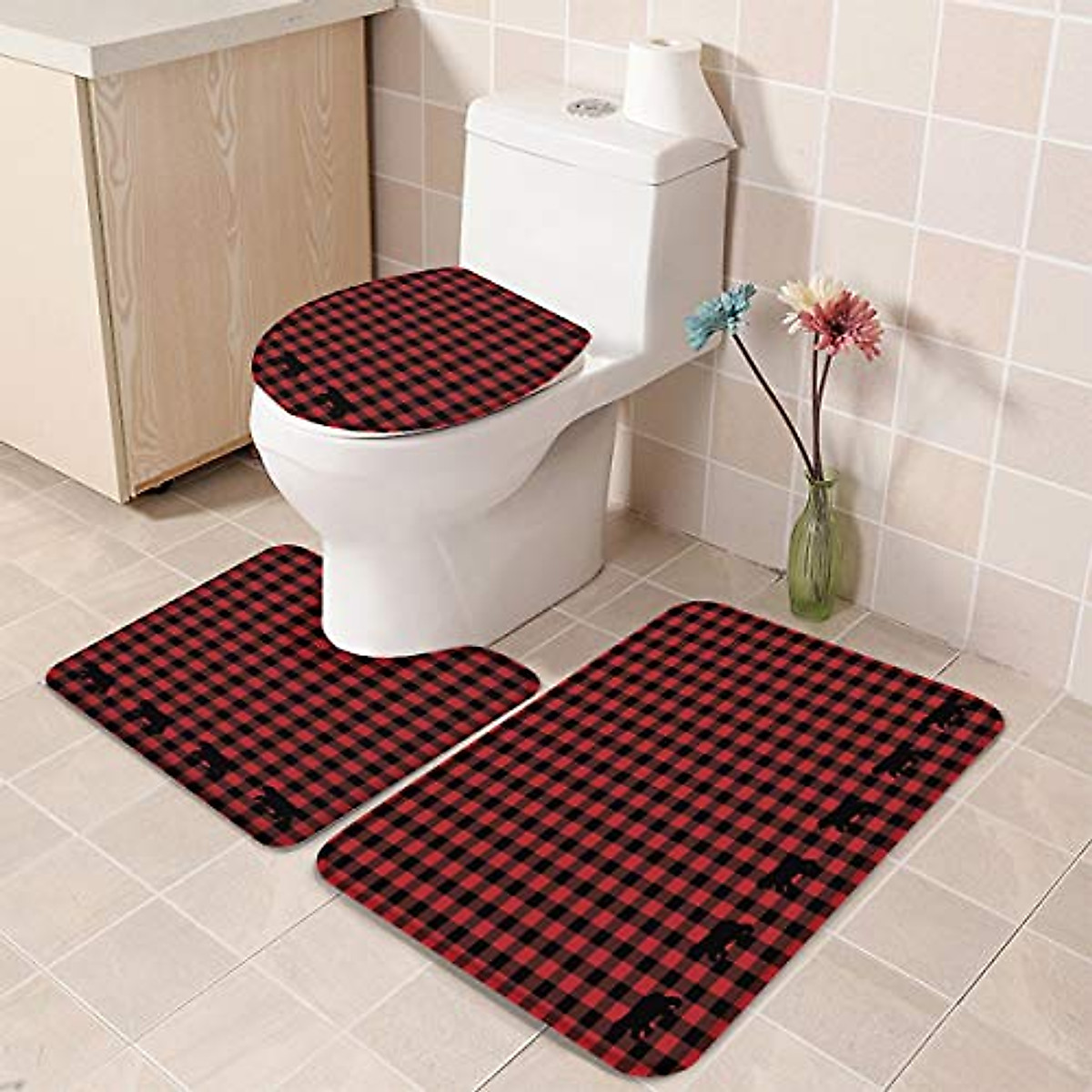 Bath Rugs for Bathroom Set 3 Piece-Buffalo Check Plaid Bear Black and Red,Non-Slip Washable Memory Foam Absorbent Bath Mat Runner Rugs for Tub Shower,U-Shaped Toilet Floor Mats,Toilet Lid Cover