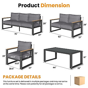 RoyalCraft Aluminum Patio Furniture Set, 5 Piece Outdoor Conversation Set with Coffee Table, Metal Outdoor Patio Furniture Set for Porch Backyard Garden, Grey