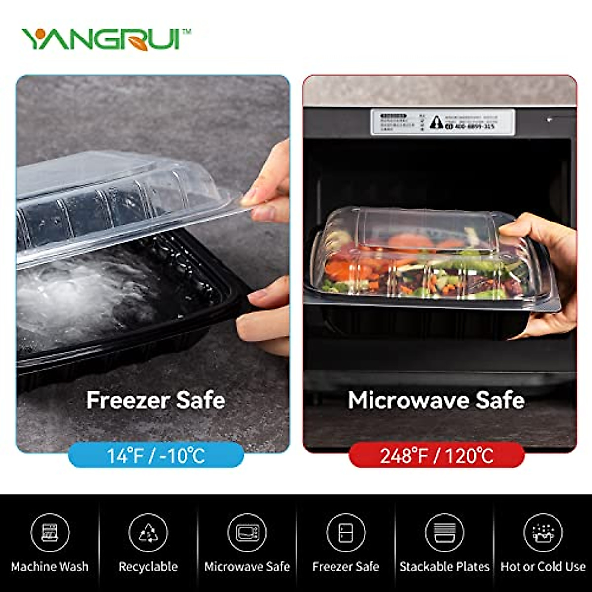 YANGRUI Take Out Containers, Large Capacity 45 Pack 9.5 Inch 38 oz BPA Free Anti-Fog Shrink Wrap Meal Prep Container Microwave Freezer Safe Plastic Hinged To Go Containers