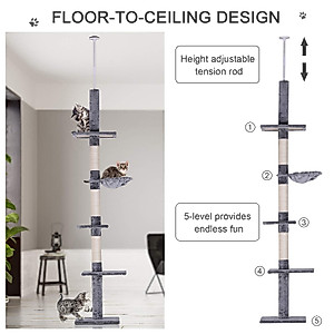 PawHut 8.5' Adjustable Height Floor-to-Ceiling Vertical Cat Tree, Gray and White