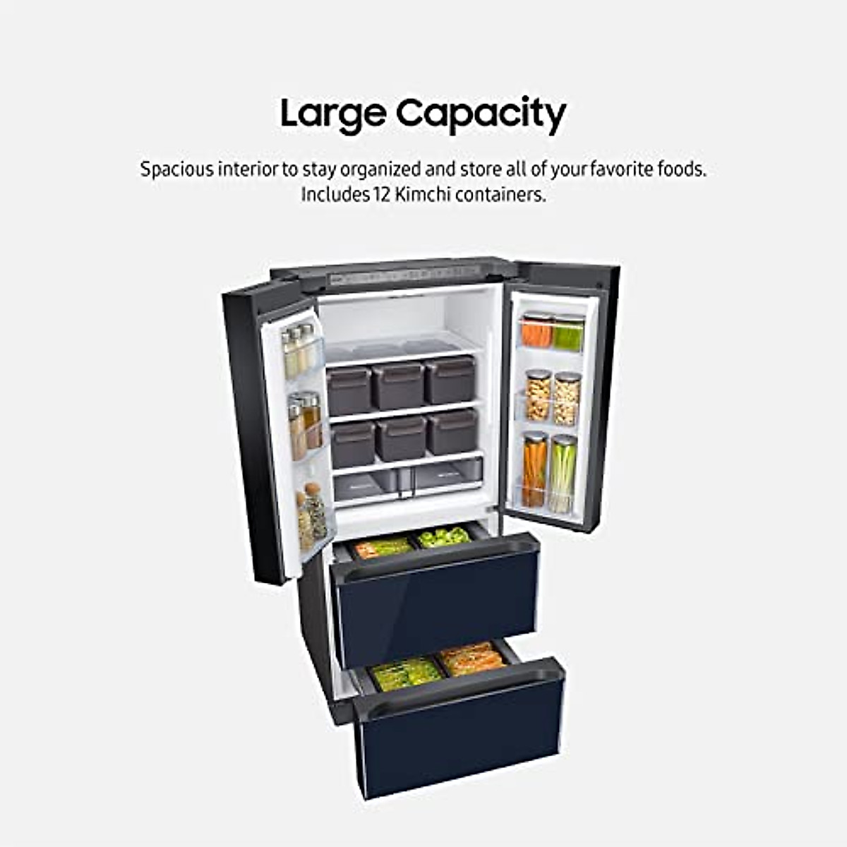 SAMSUNG 17.3 Cu Ft Smart Kimchi & Specialty 4-Door French Door Refrigerator w/ Freezer, Precise Cooling, Large Capacity, RQ48T94B277/AA, White Navy Glass
