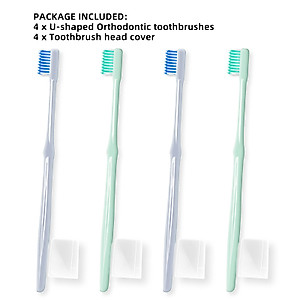 Y-Kelin 4 Pcs U-Shaped Orthodontic Toothbrush Soft Bristle with 4 Toothbrush Head Cover for Orthodontic People Effective Cleaning Teeth