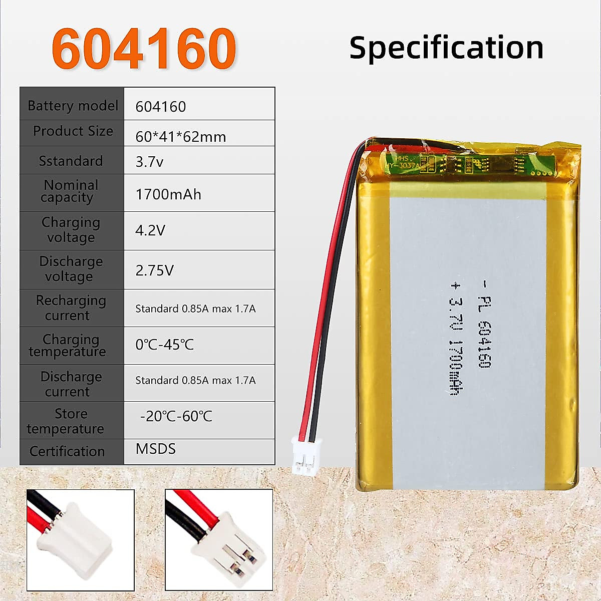 AKZYTUE 3.7V 1700mAh 604160 Lipo Battery Rechargeable Lithium Polymer ion Battery Pack with JST Connector