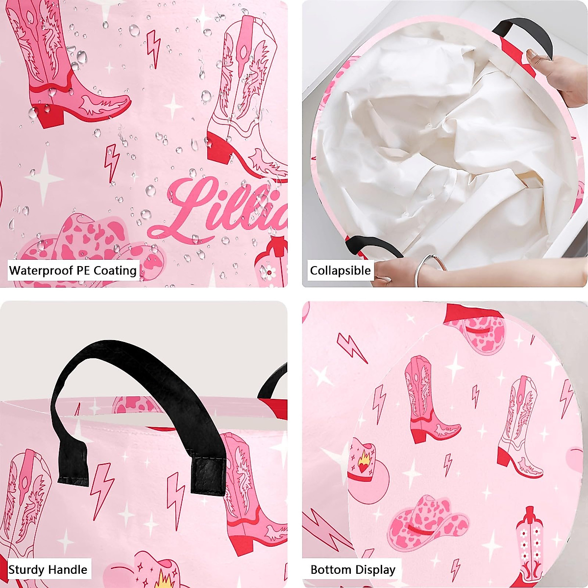 Cowgirl Boot Pink Personalized Laundry Basket Hamper,Collapsible Storage Baskets with Handles for Kids Room,Clothes, Nursery Decor