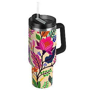 Yasala Car Tumbler with Handle Rainbow Flower Cartoon Flora Travel Mug Coffee Cup Insulated Beverage Container Mega Cup for Hot Cold Drinking Thermos Water Bottle Cupholder Friendly 40 oz