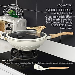 COOKLOVER Nonstick Induction Wok-12.6inch& 9.5 inch Nonstick Stir Fry Pan with Lid – White