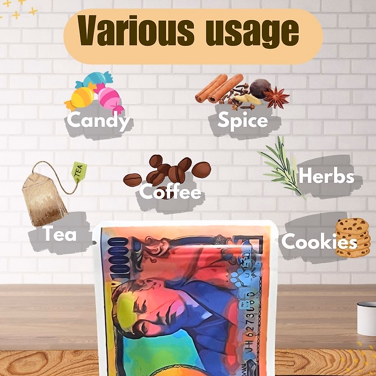 Generic 100 Pack Money Designed Dollars Japanese Yen Storage Baggies Resealable 3.5 Gram Snack Candy Bags 3.5 x 4.75 inches