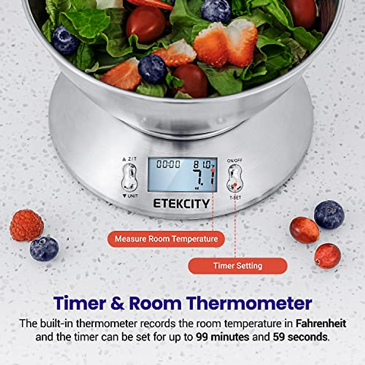 Etekcity Food Kitchen Scale with Bowl, Digital Weight Scale for Food Ounces and Grams, Cooking and Baking, Timer, and Temperature Sensor, 2.06 QT, Stainless Steel