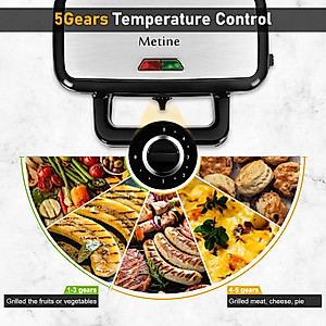 Metine Waffle Makers, 3-in-1 Waffle Iron Panini Press Sandwich Maker with Removable Plates, 5-gears Temperature Control Non Stick Coating Cool Touch Handle Anti-skid Feet for Breakfast 1200W 120V
