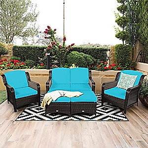 Tangkula 5 Pieces Patio Furniture Set, Outdoor Rattan Conversation Sofa Set with Loveseat, Single Sofas and Ottoman, Sectional Sofa Set with Removable Cushions for Porch, Backyard, Balcony, Lawn