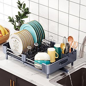 Dish Drying Rack, Kitchen Dish Drainer Rack, Expandable(13.2"-19.7") Stainless Steel Sink Organizer Dish Rack and Drainboard Set with Utensil Holder Cups Holder for Kitchen Counter