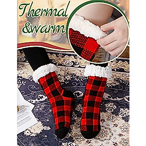 Fuzzy Socks for Women Slipper Fluffy Buffalo Plaid Cabin Cozy Winter Thick Warm Comfy Sherpa Fleece Sleep Plush Home Grips Socks Christmas White Elephant Gift Stocking Stuffer for Wife Her Teenage-Red