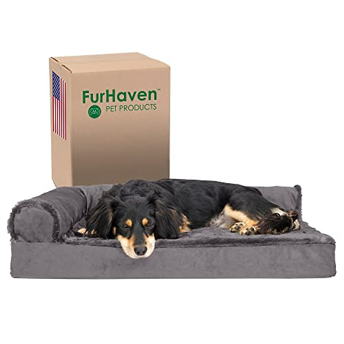 Furhaven Orthopedic Dog Bed for Medium/Small Dogs w/ Removable Bolsters & Washable Cover, For Dogs Up to 35 lbs - Plush & Velvet L Shaped Chaise - Platinum Gray, Medium