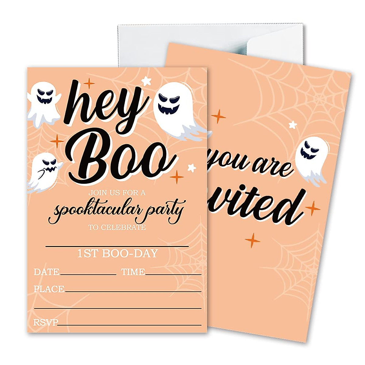 Deluxe Halloween or Costume Party Invitations, 25 Fill-in Cards with Envelopes, Pumpkin, Ghost, Monster, Cute Trick or Treat, Box or Treat for Kids Birthday or Adult party - 4"X6" (JRM358)