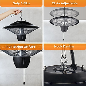 Air Choice Outdoor Patio Heater, 1500W Electric Hanging Patio Heater, Ceiling Mounted Heater for Balcony, Overheat & Tip-Over Protection, IP34 Waterproof, Outdoor Heater for Courtyard, Garage, Patio