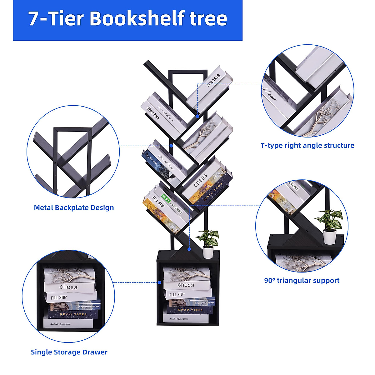 YSVCO 7 Tier Tree Bookshelf, Tall Narrow Wood Book Shelf, Freestanding Bookcase with Storage Cabinet, Floor Standing Display Storage Shelf for CD/Book, Living Room, Home Office Black BS36BS